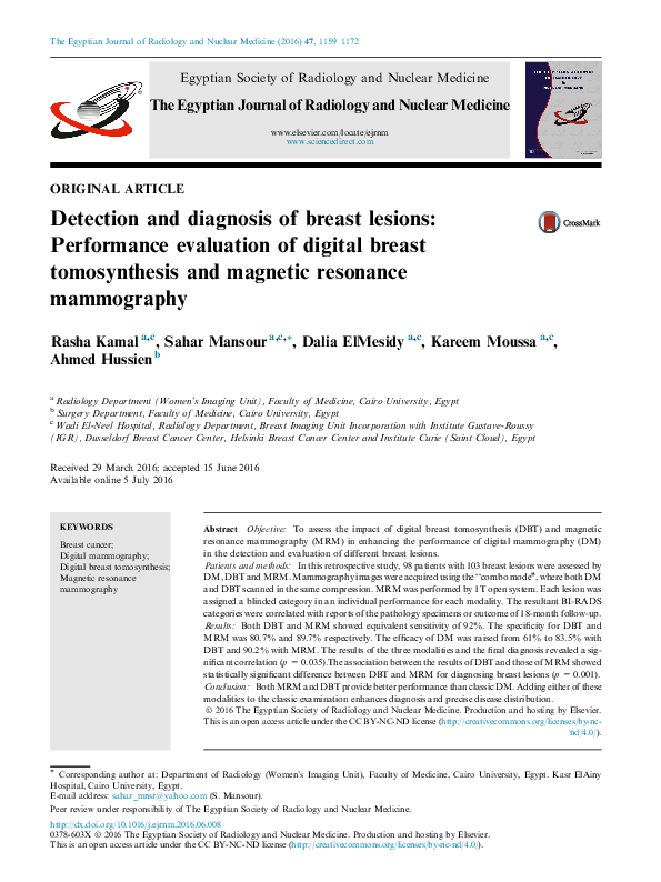 (PDF) Detection and diagnosis of breast lesions: Performance evaluation of digital breast ...