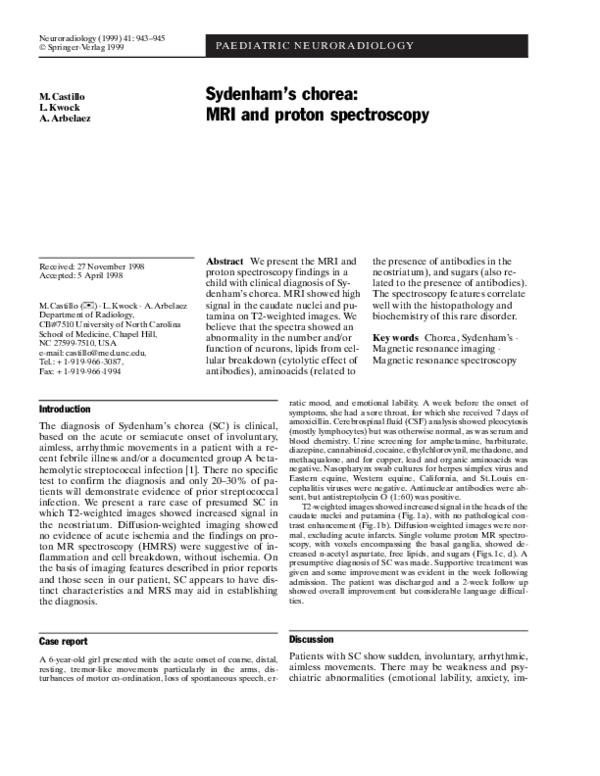 (PDF) Sydenham's chorea: MRI and proton spectroscopy | Andres Fernando ...