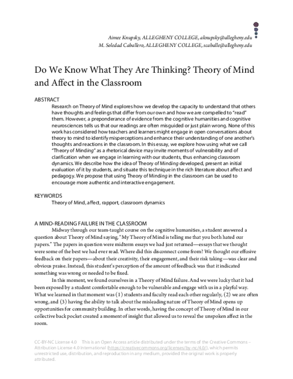 (PDF) Do we know what they are thinking? Theory of Mind and affect in ...