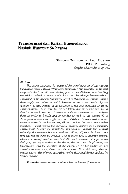 (PDF) Transformasi dan Kajian Etnopedagogi Naskah Wawacan Sulanjana
