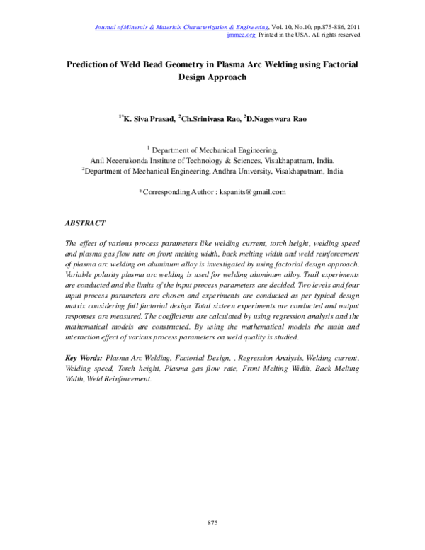 (PDF) Prediction of Weld Bead Geometry in Plasma Arc Welding using Factorial Design Approach ...