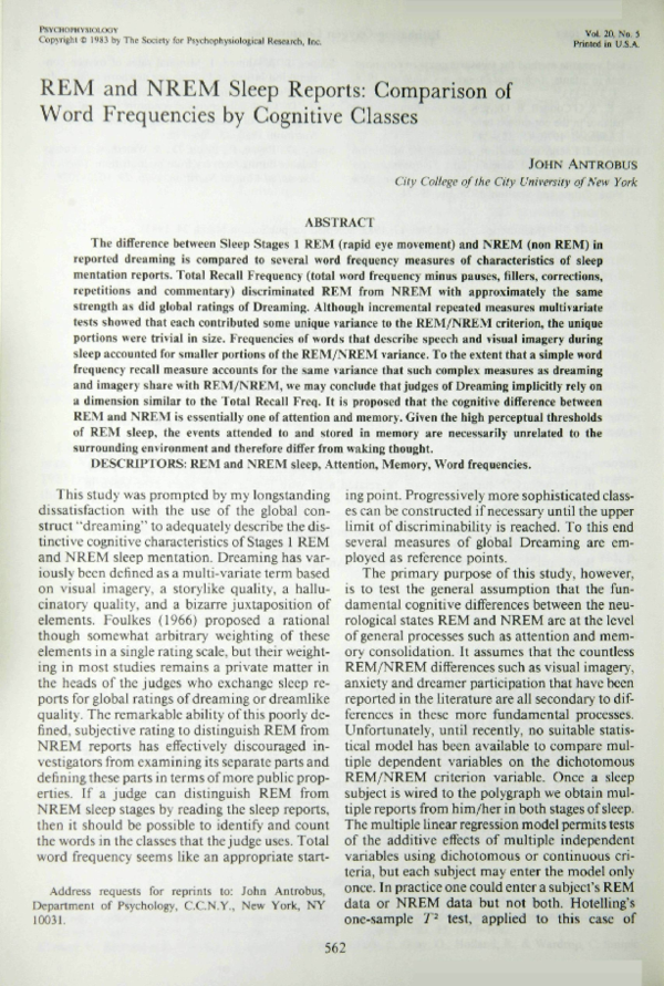(PDF) REM and NREM Sleep Reports: Comparison of Word Frequencies by Cognitive Classes