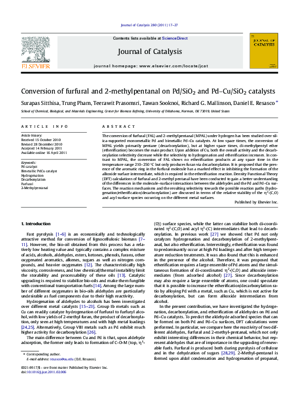 (PDF) Conversion of furfural and 2-methylpentanal on Pd/SiO2 and Pd–Cu/SiO2 catalysts