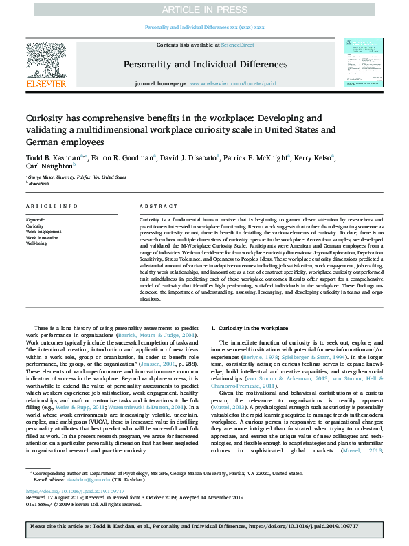 (PDF) Curiosity has Comprehensive Benefits in the Workplace: Developing and Validating the ...