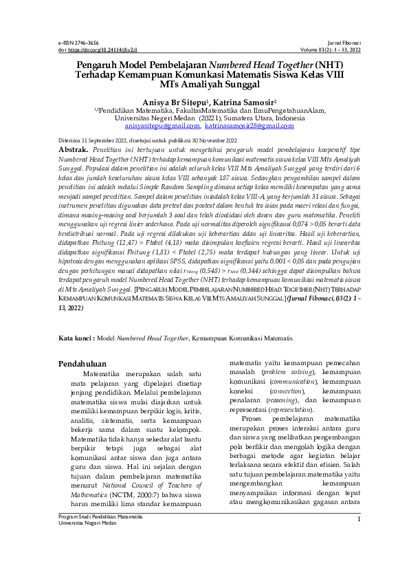 (PDF) Pengaruh Model Pembelajaran Numbered Head Together (NHT) Terhadap Kemampuan Komunkasi ...