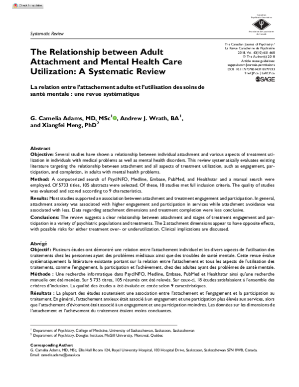 (PDF) The Relationship between Adult Attachment and Mental Health Care Utilization: A Systematic ...