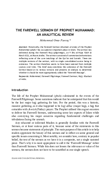(PDF) The Last Sermon of Prophet Muhammad: An Analytical Review