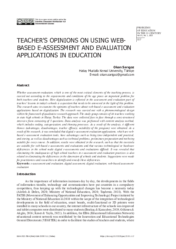 (PDF) Teacher's Opinions on Using Web-Based E-Assessment and Evaluation Applications in Education