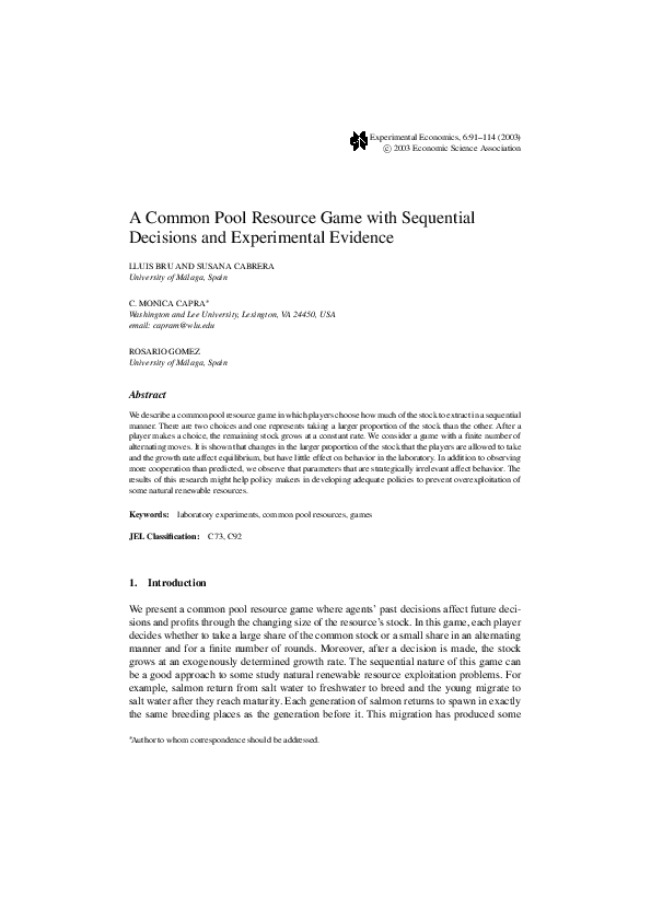 (PDF) A Common Pool Resource Game with Sequential Decisions and ...