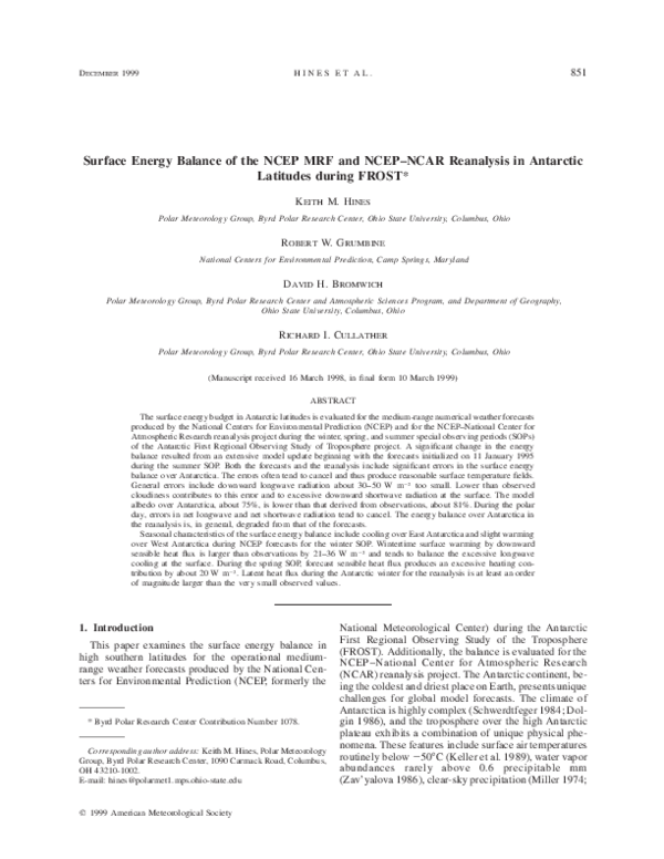(PDF) Surface Energy Balance of the NCEP MRF and NCEP–NCAR Reanalysis ...