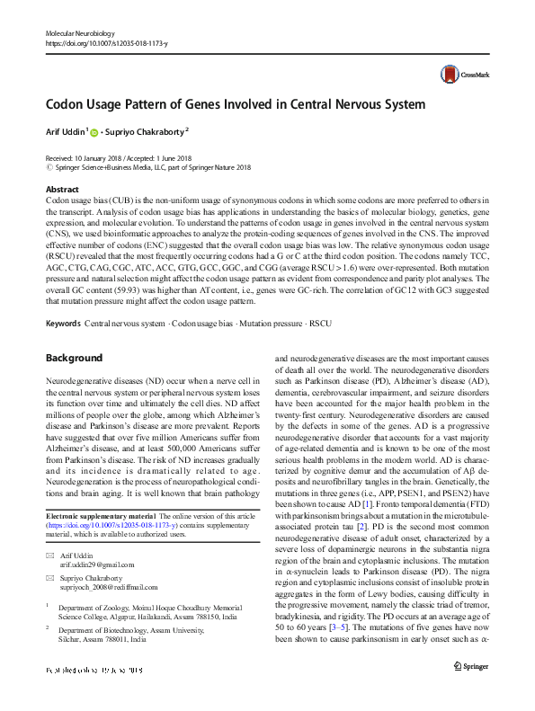 (PDF) Codon Usage Pattern of Genes Involved in Central Nervous System