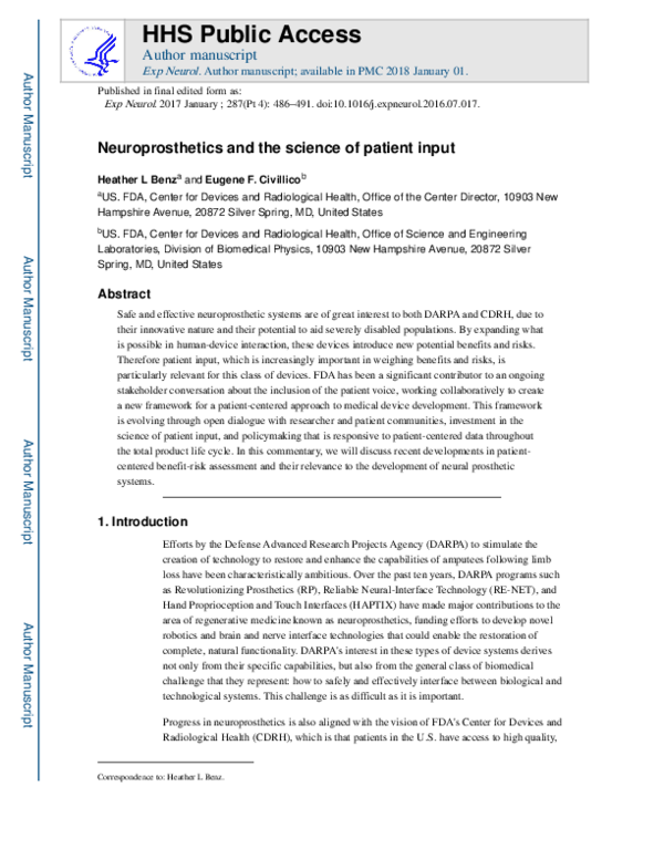 (PDF) Neuroprosthetics and the science of patient input | Heather Benz ...