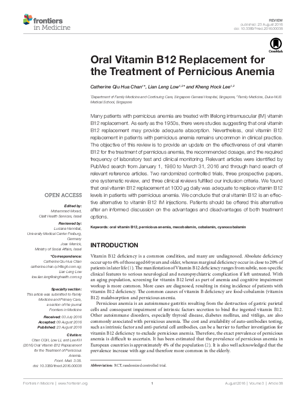 (PDF) Oral Vitamin B12 Replacement for the Treatment of Pernicious Anemia