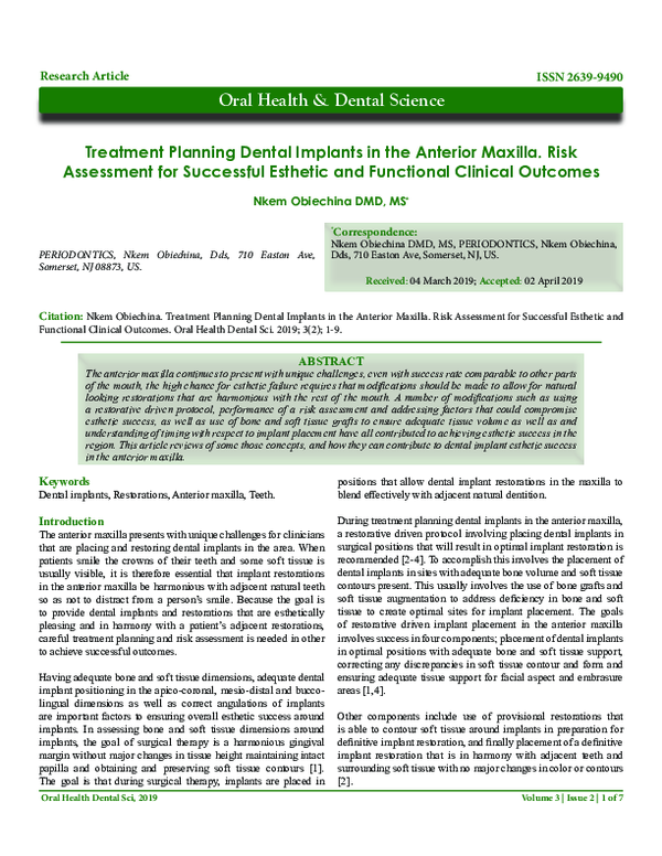 (PDF) Treatment Planning Dental Implants in the Anterior Maxilla. Risk ...