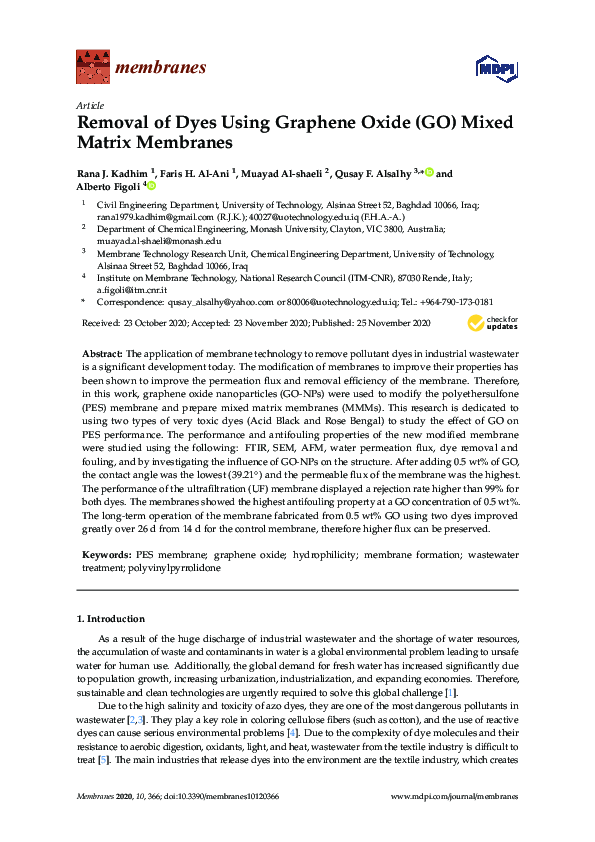 (PDF) Removal of Dyes Using Graphene Oxide (GO) Mixed Matrix Membranes