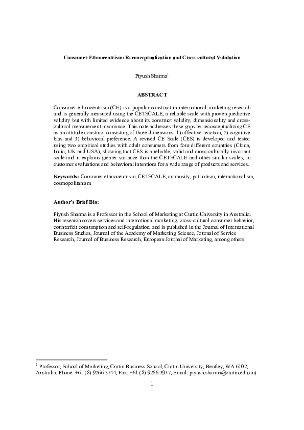 (PDF) Consumer ethnocentrism: Reconceptualization and cross-cultural ... (PDF) Consumer ethnocentrism: Reconceptualization and cross-cultural ...