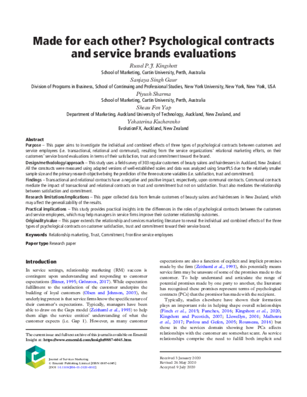 (PDF) Made for each other? Psychological contracts and service brands ...