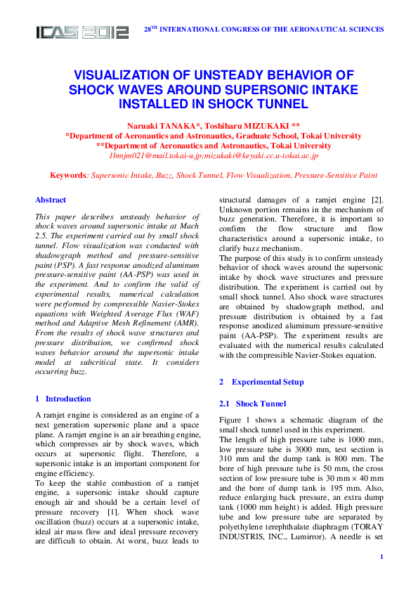 (PDF) Visualization of Unsteady Behavior of Shock Waves around Supersonic Intake installed in ...
