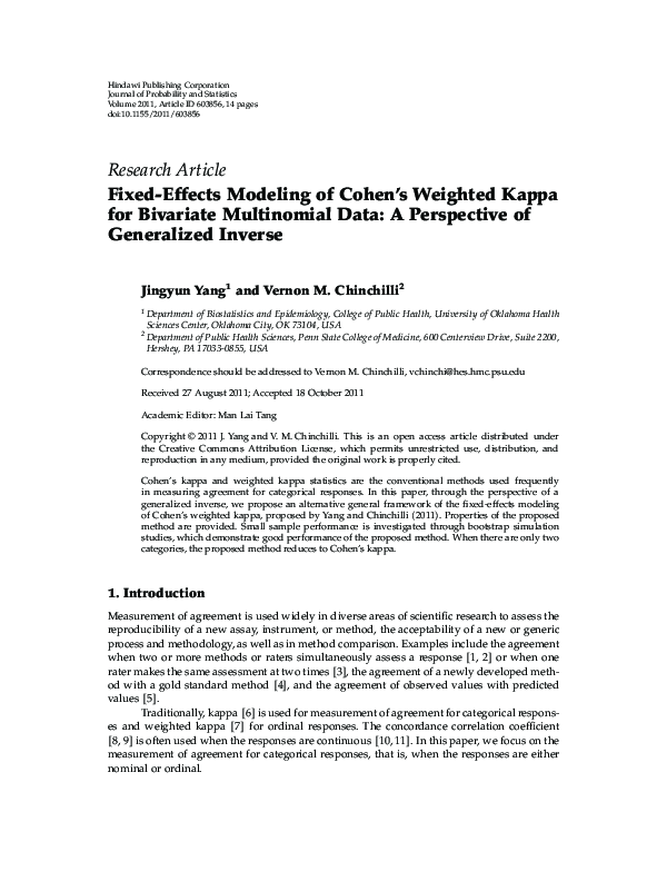 (PDF) Fixed-effects modeling of Cohen’s weighted kappa for bivariate ...