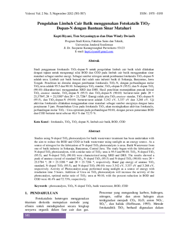 (PDF) Pengolahan Limbah Cair Batik menggunakan Fotokatalis TiO2-Dopan-N ...