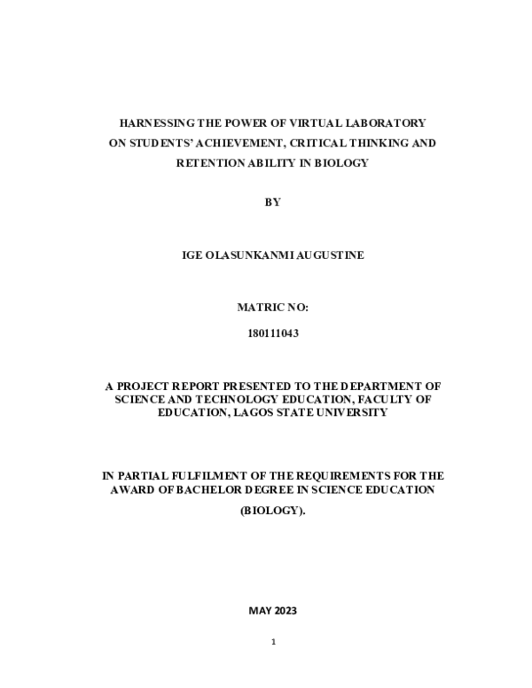 (PDF) Harnessing The Power of Virtual Laboratory On Students’ Achievement, Critical Thinking and ...