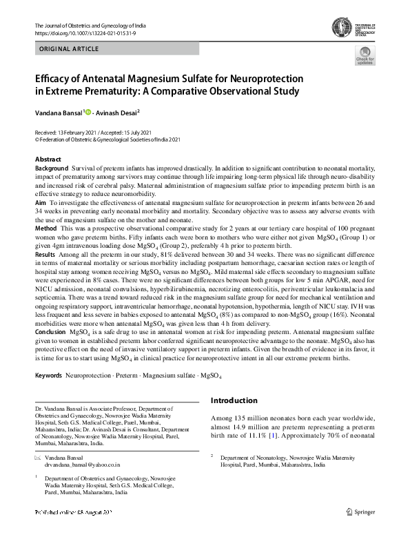 (PDF) Efficacy of Antenatal Magnesium Sulfate for Neuroprotection in ...