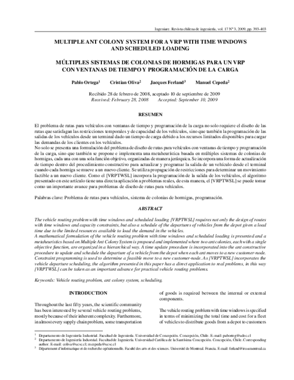 (PDF) Multiple Ant Colony System for a VRP with Time Windows and Scheduled Loading | Manuel ...