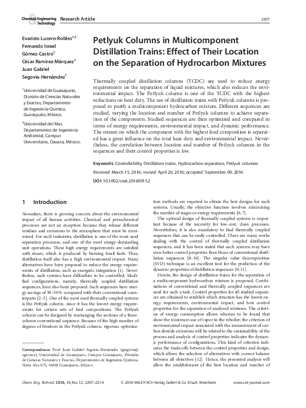 (PDF) Petlyuk Columns in Multicomponent Distillation Trains: Effect of ...
