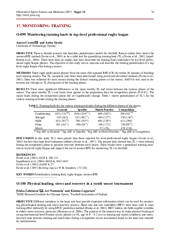 (PDF) 17. MONITORING TRAINING O-099 Monitoring training loads in top-level professional rugby league