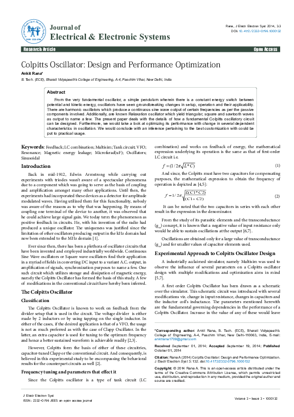 (PDF) Colpitts Oscillator: Design and Performance Optimization