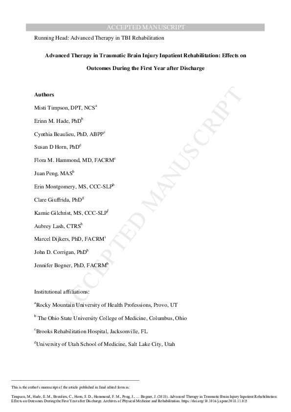 (PDF) Advanced Therapy in Traumatic Brain Injury Inpatient ...