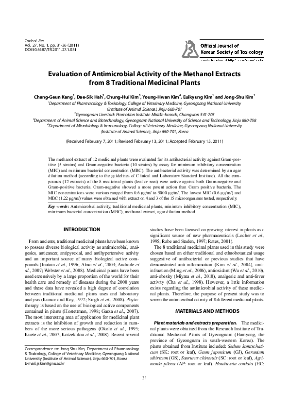 (PDF) Evaluation of antimicrobial activity of the methanol extracts from 8 traditional medicinal ...