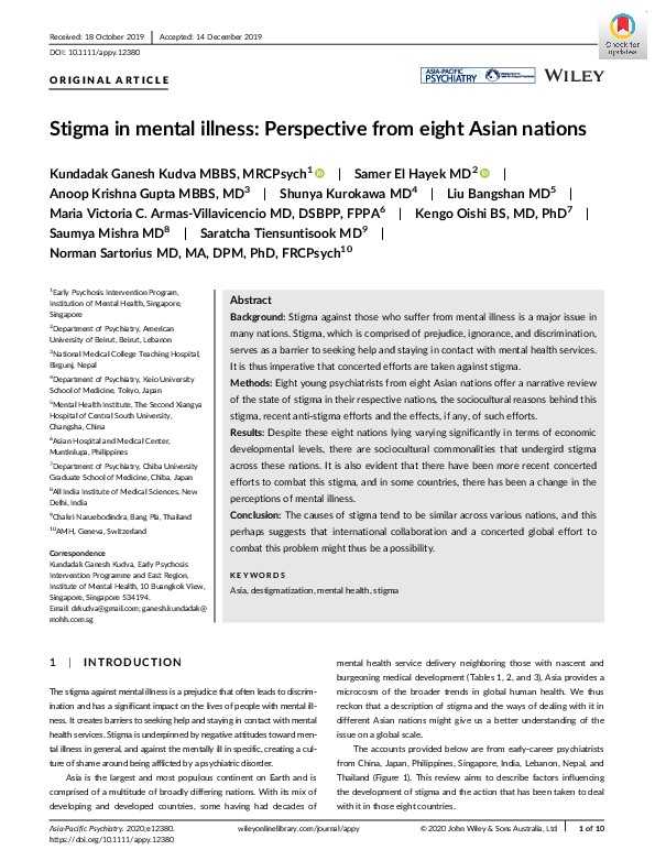 (PDF) Stigma in mental illness: Perspective from eight Asian nations