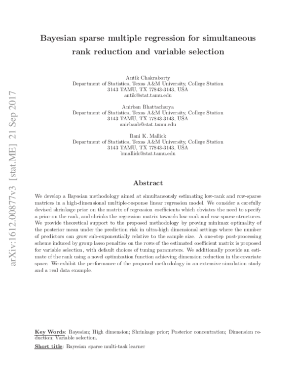 (PDF) Bayesian sparse multiple regression for simultaneous rank reduction and variable selection