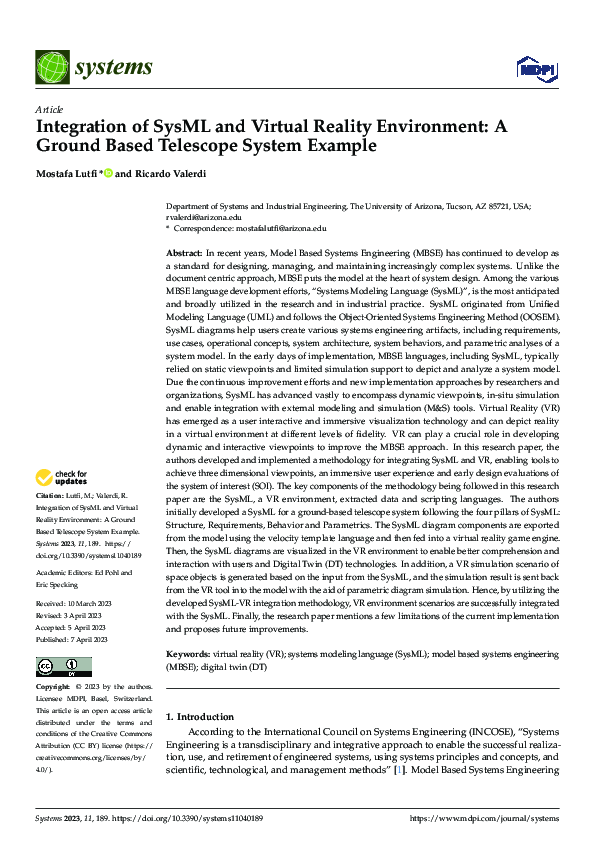 (PDF) Integration of SysML and Virtual Reality Environment: A Ground Based Telescope System Example