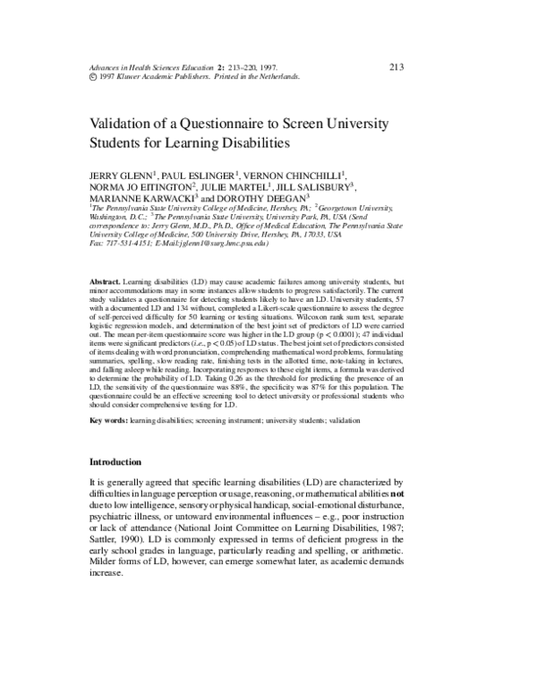 (PDF) Validation of a Questionnaire to Screen University Students for Learning Disabilities