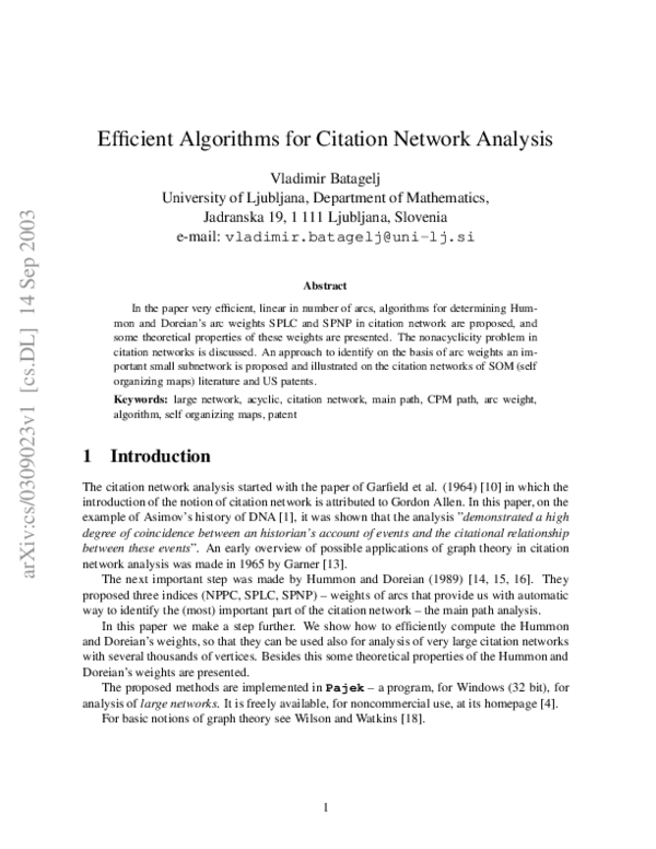 Pdf Efficient Algorithms For Citation Network Analysis