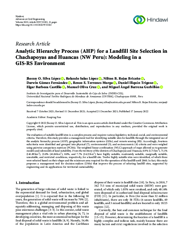 (PDF) Analytic Hierarchy Process (AHP) for a Landfill Site Selection in Chachapoyas and Huancas ...