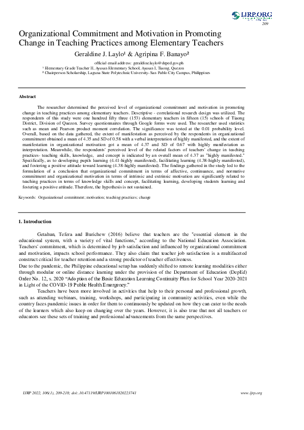 (PDF) Organizational Commitment and Motivation in Promoting Change in Teaching Practices among ...