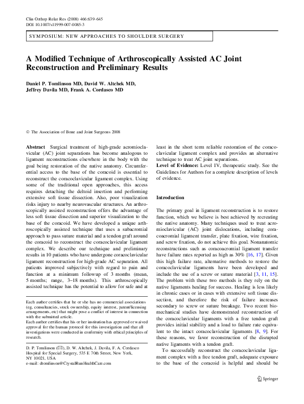 (PDF) A Modified Technique of Arthroscopically Assisted AC Joint Reconstruction and Preliminary ...