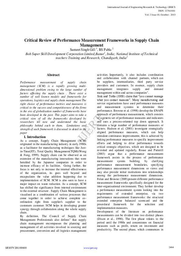 (PDF) Critical Review of Performance Measurement Frameworks in Supply Chain Management