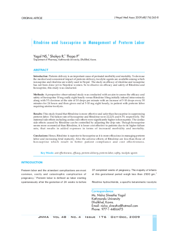 (PDF) Ritodrine and Isoxsuprine in Managment of Preterm Labor