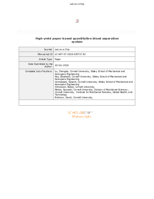 (PDF) High-yield paper-based quantitative blood separation system