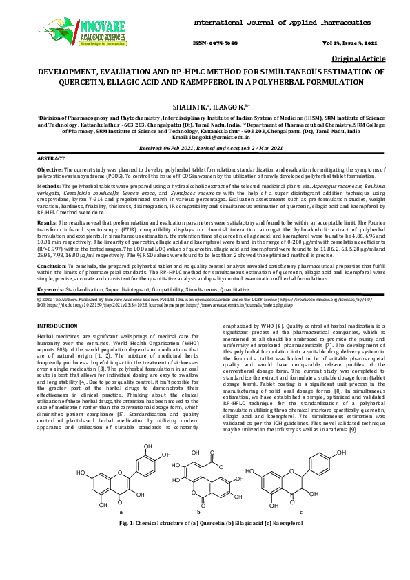 Pdf Development Evaluation And Rp Hplc Method For Simultaneous Estimation Of Quercetin