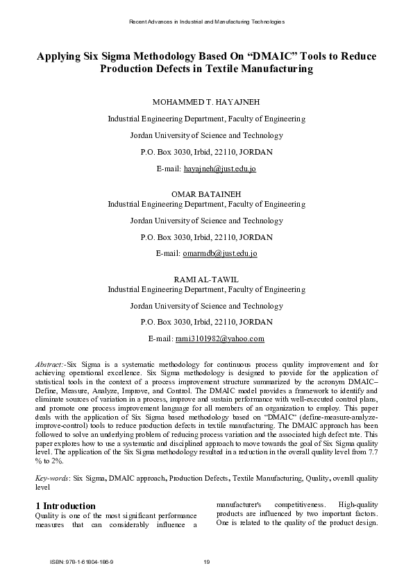 (PDF) Applying Six Sigma Methodology Based On “ DMAIC ” Tools to Reduce Production Defects in ...