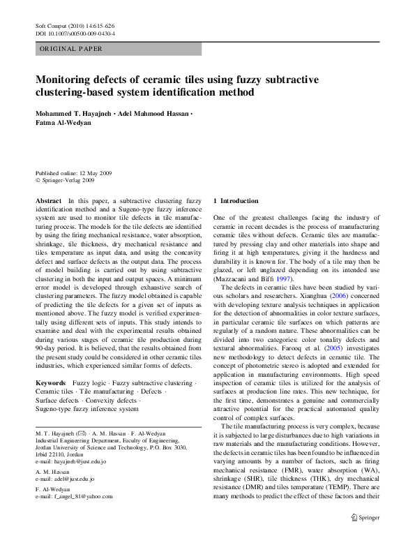 Pdf Monitoring Defects Of Ceramic Tiles Using Fuzzy Subtractive Clustering Based System