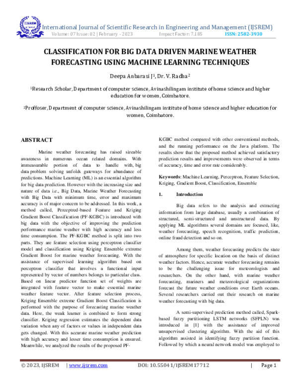 Pdf Classification For Big Data Driven Marine Weather Forecasting Using Machine Learning