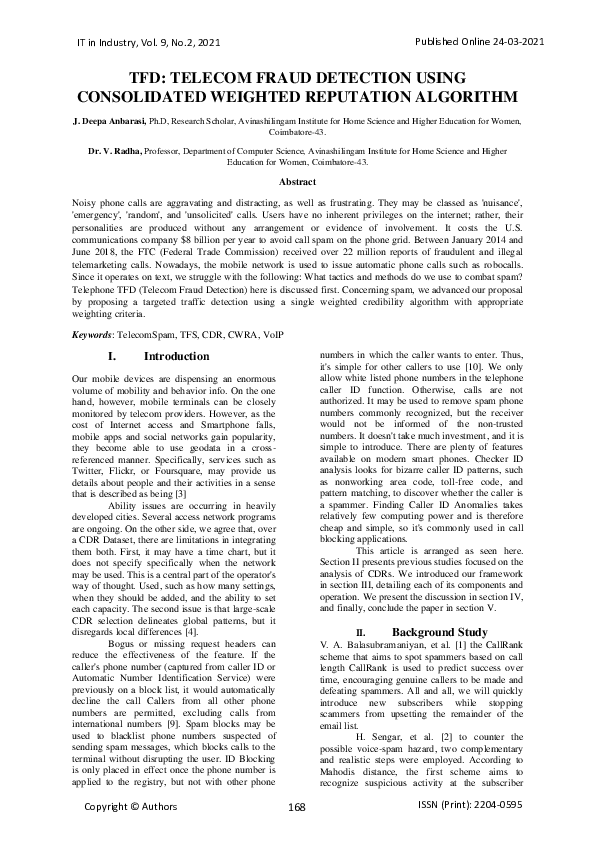 Pdf Tfd Telecom Fraud Detection Using Consolidated Weighted Reputation Algorithm 8452