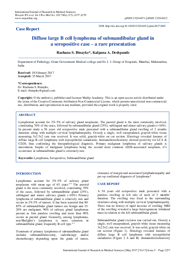 (PDF) Diffuse large B cell lymphoma of submandibular gland in a seropositive case – a rare ...
