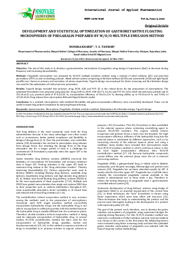 Pdf Gastroretentive Pregabalin Microspheres Optimization